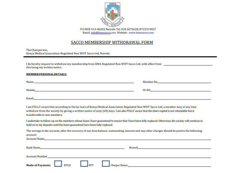 KMA SACCO WITHDRAWAL REQUEST FORM 2022